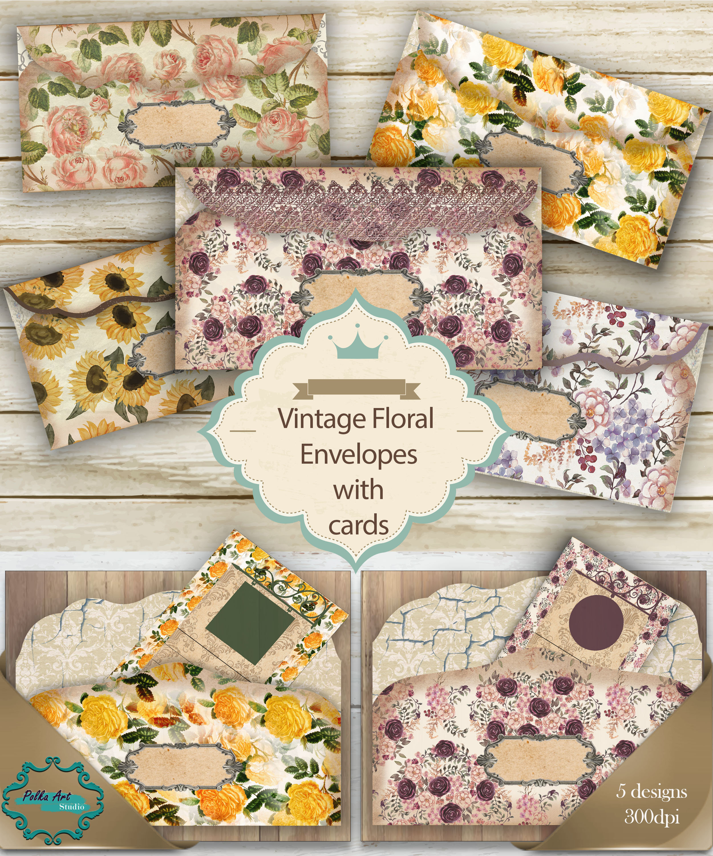 Vintage Floral Envelopes With Cards Set of 5 Digital - Etsy