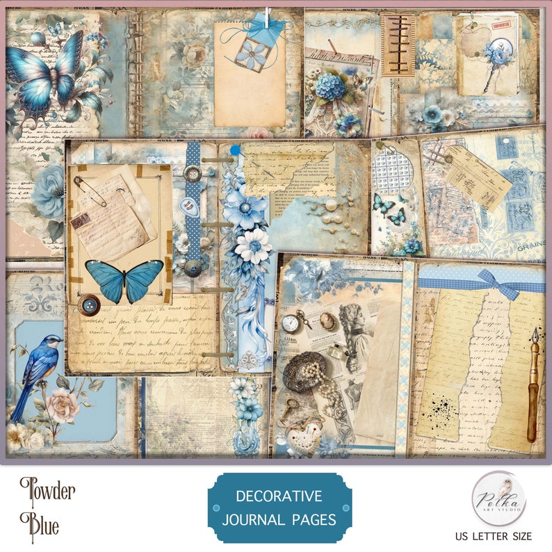 Blue Junk Journal Pages: Vintage Watercolor Scrapbook Paper (digital ...