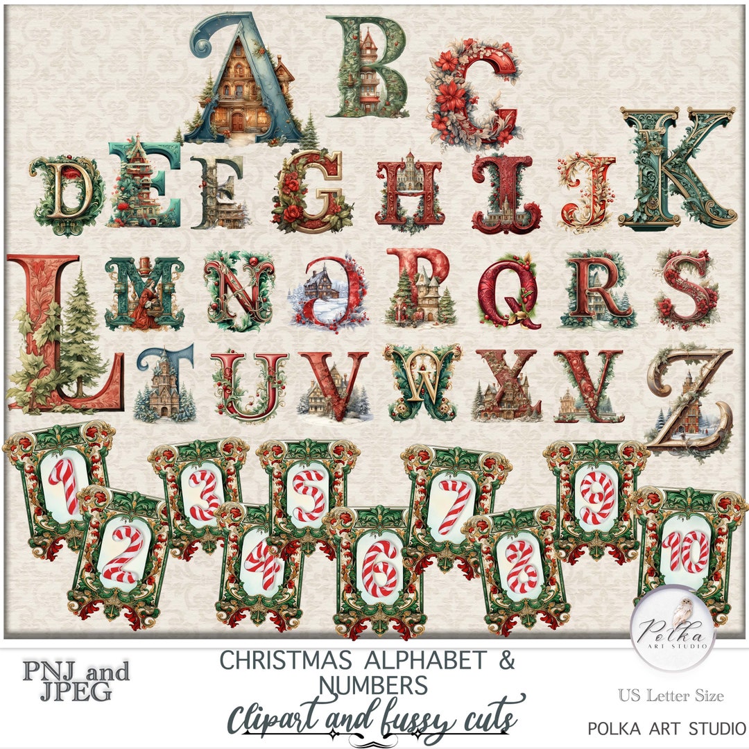 Christmas Alphabet & Numbers Clipart: Junk Journal Fussy Cuts (digital ...