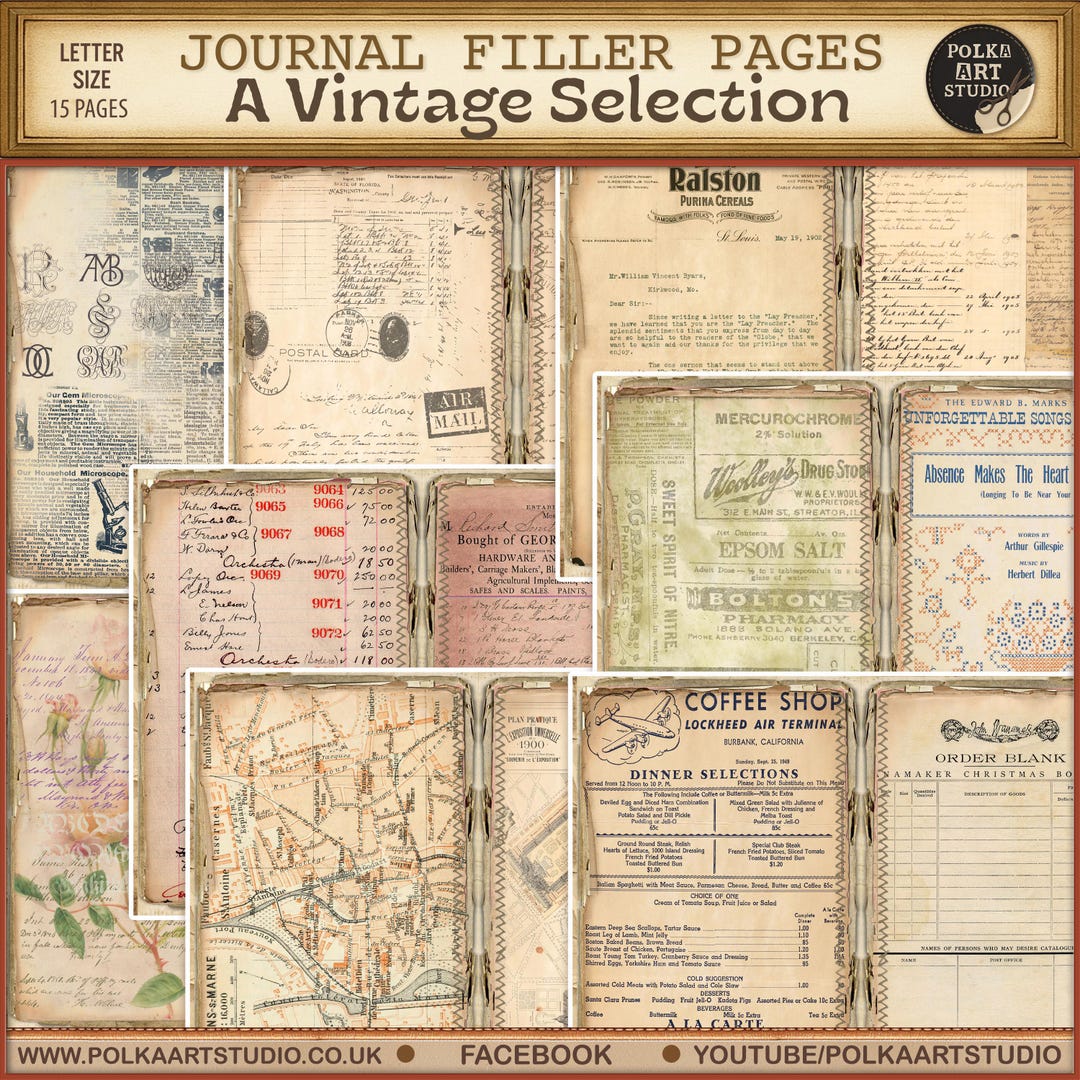 Vintage Ephemera Junk Journal Pages Calligraphy Writings Kit