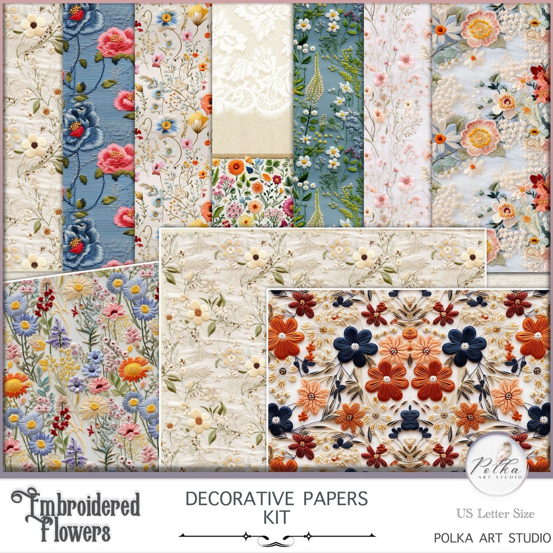 Digital Junk Journal Basic Collage Kit, Floral Embroidery Papers ...