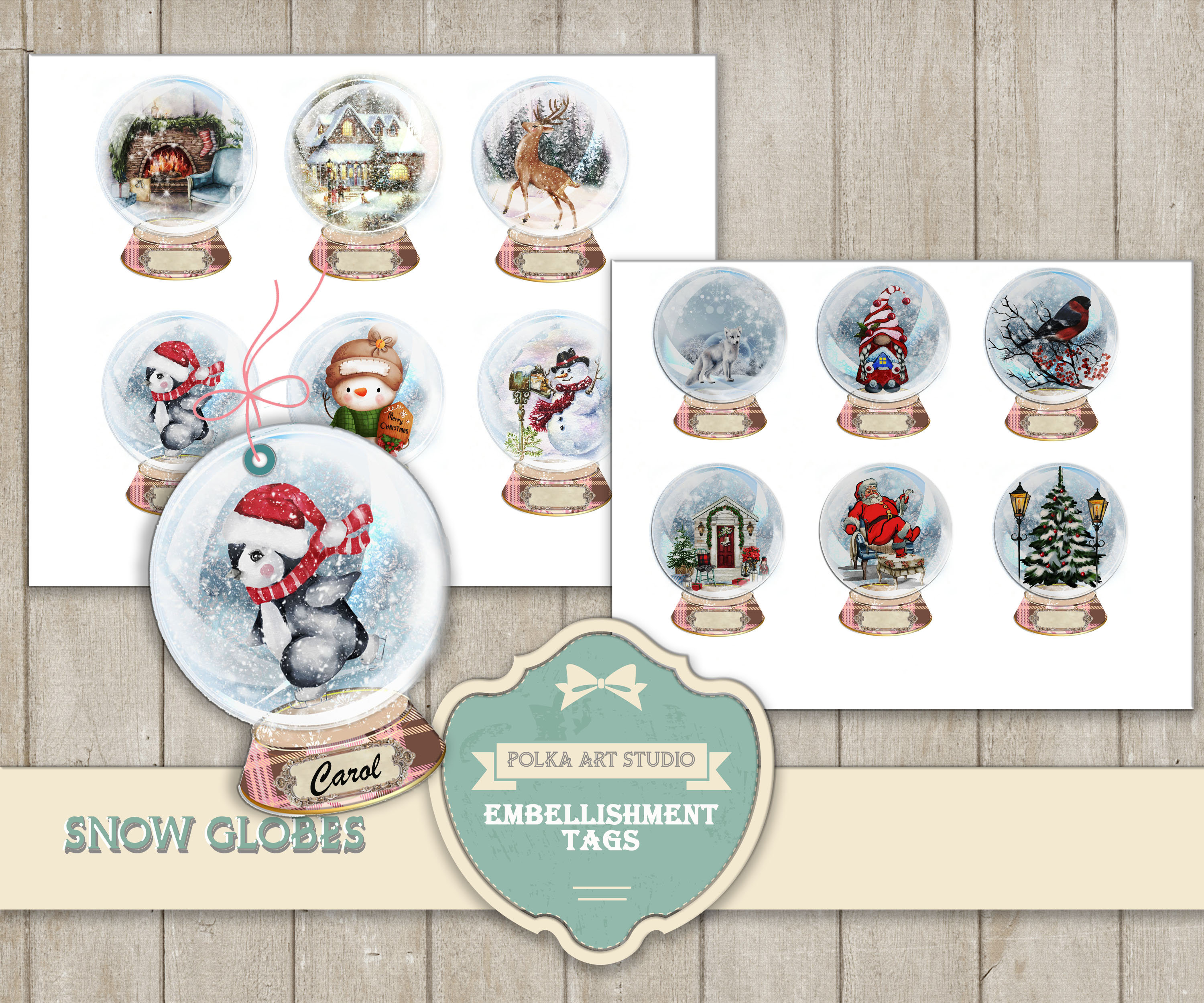 Christmas Decorative Snow Globes Tags Junk Journal | Etsy