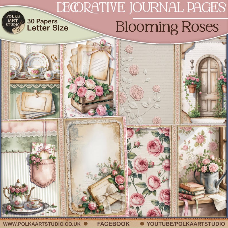 Vintage Rose Journal Kit: Printable Floral Junk Journal Pages Blooming ...