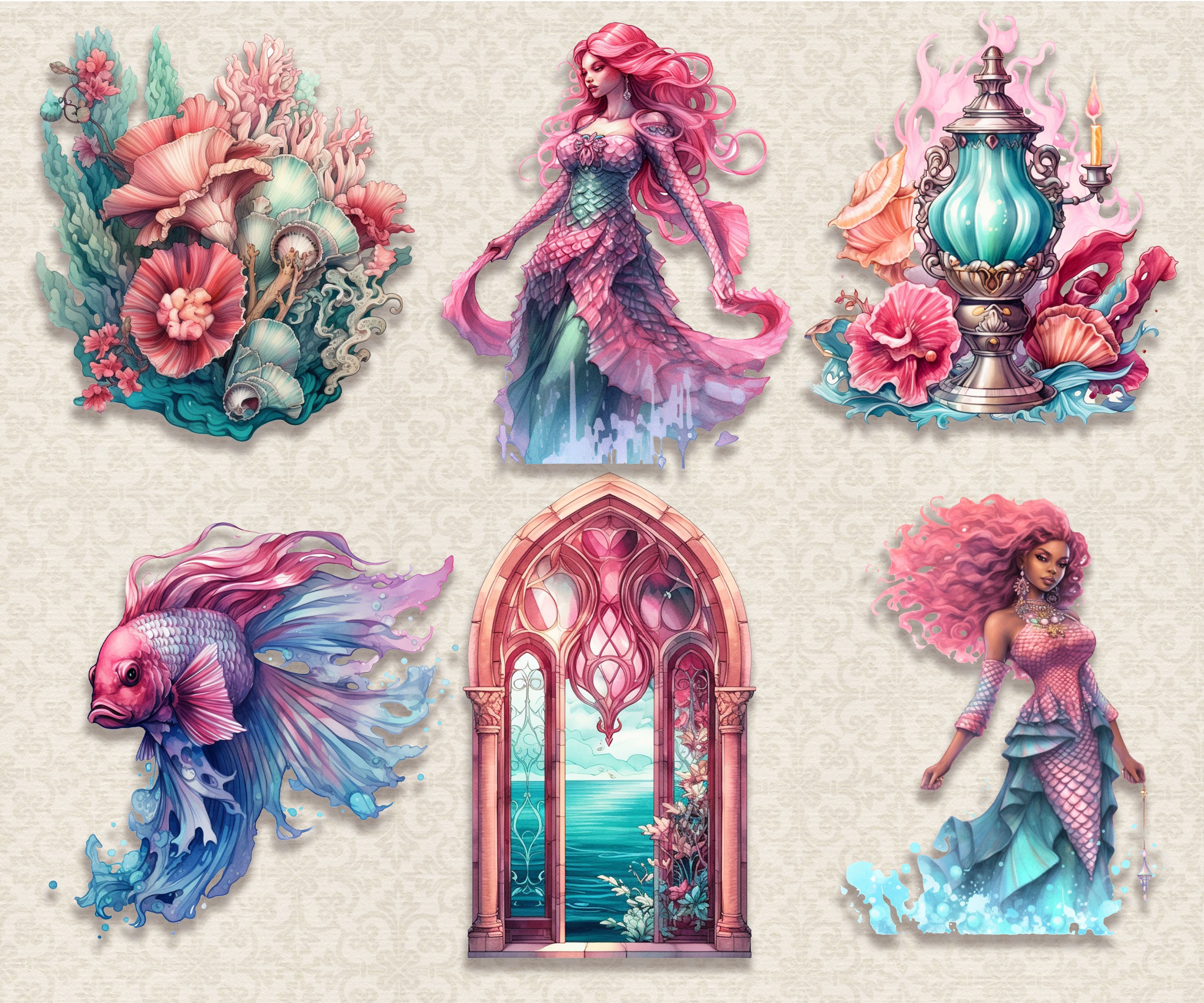 Mermaid Clipart Set: Watercolor Sea Fantasy PNG Images (digital ...