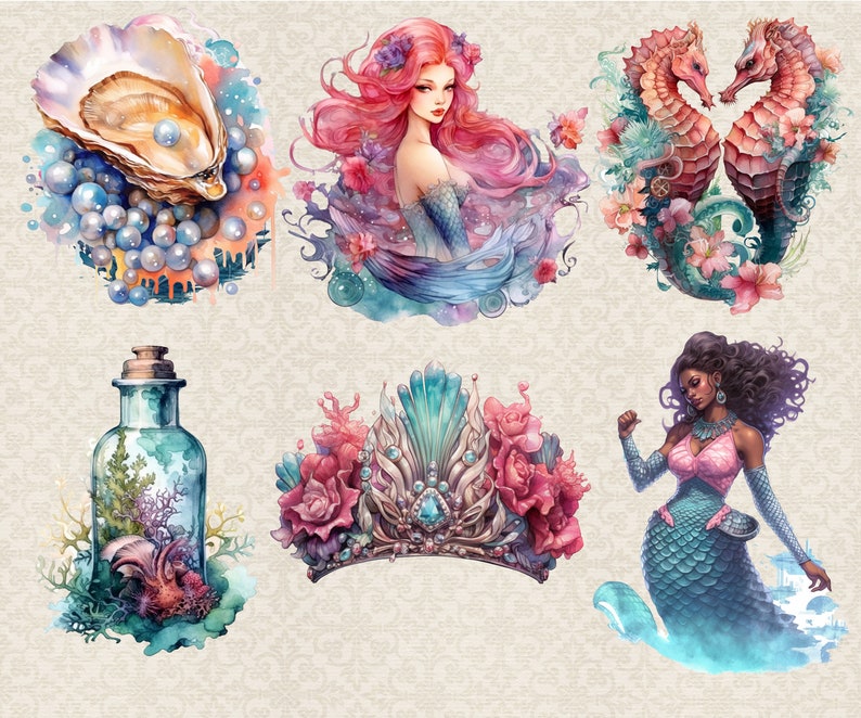 Mermaid Clipart Set: Watercolor Sea Fantasy PNG Images (digital ...