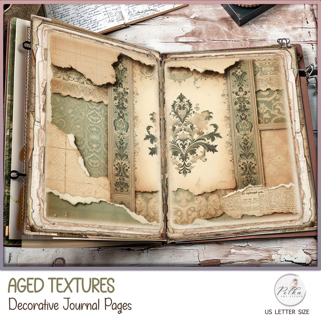Aged Damask Junk Journal Paper: Neutral Green Scrapbook Pages (digital ...
