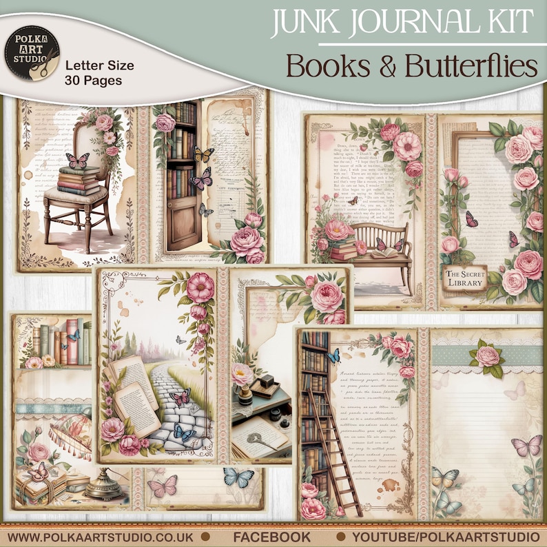 Books and Butterflies Junk Journal Kit: Vintage Ephemera, Printable ...