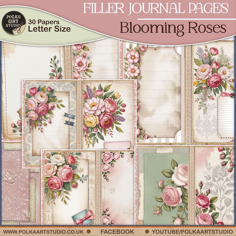 Blooming Roses Journal Pages: Printable Lined Paper for Junk Journals ...