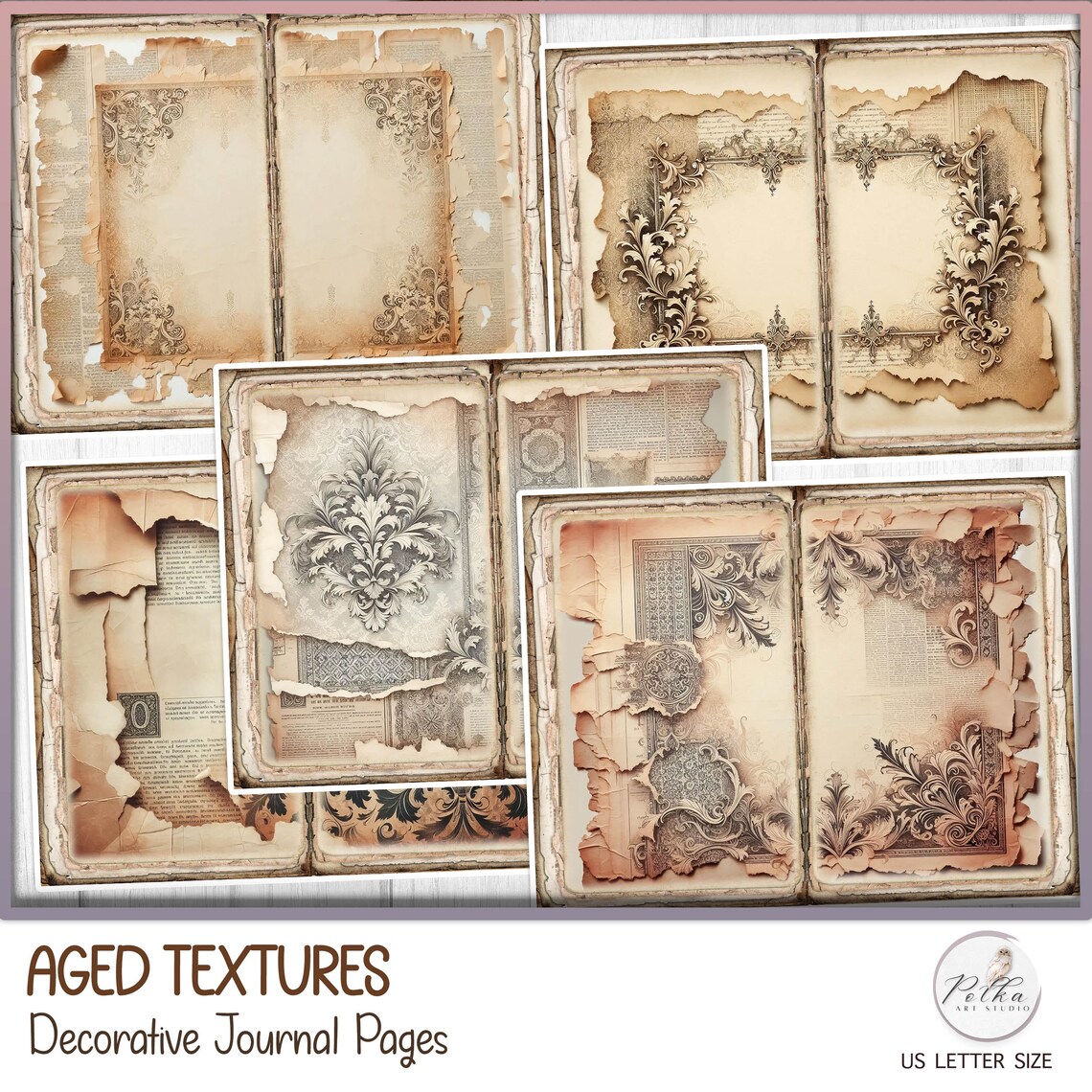 Aged Damask Journal Pages: Vintage Watercolor Scrapbook Paper (digital ...