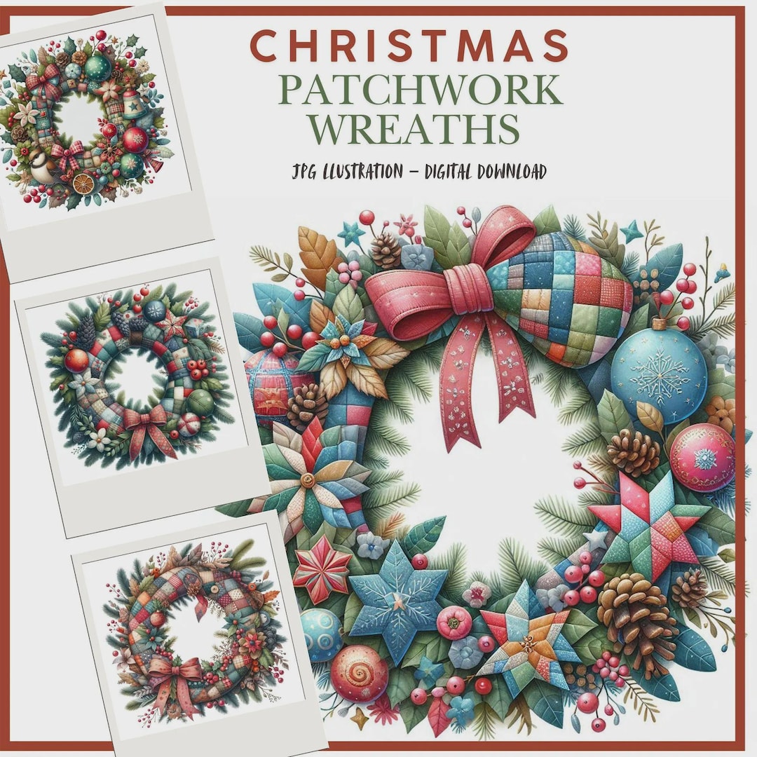 Digital Clipart, Christmas Patchwork Wreath Illustrations for ...