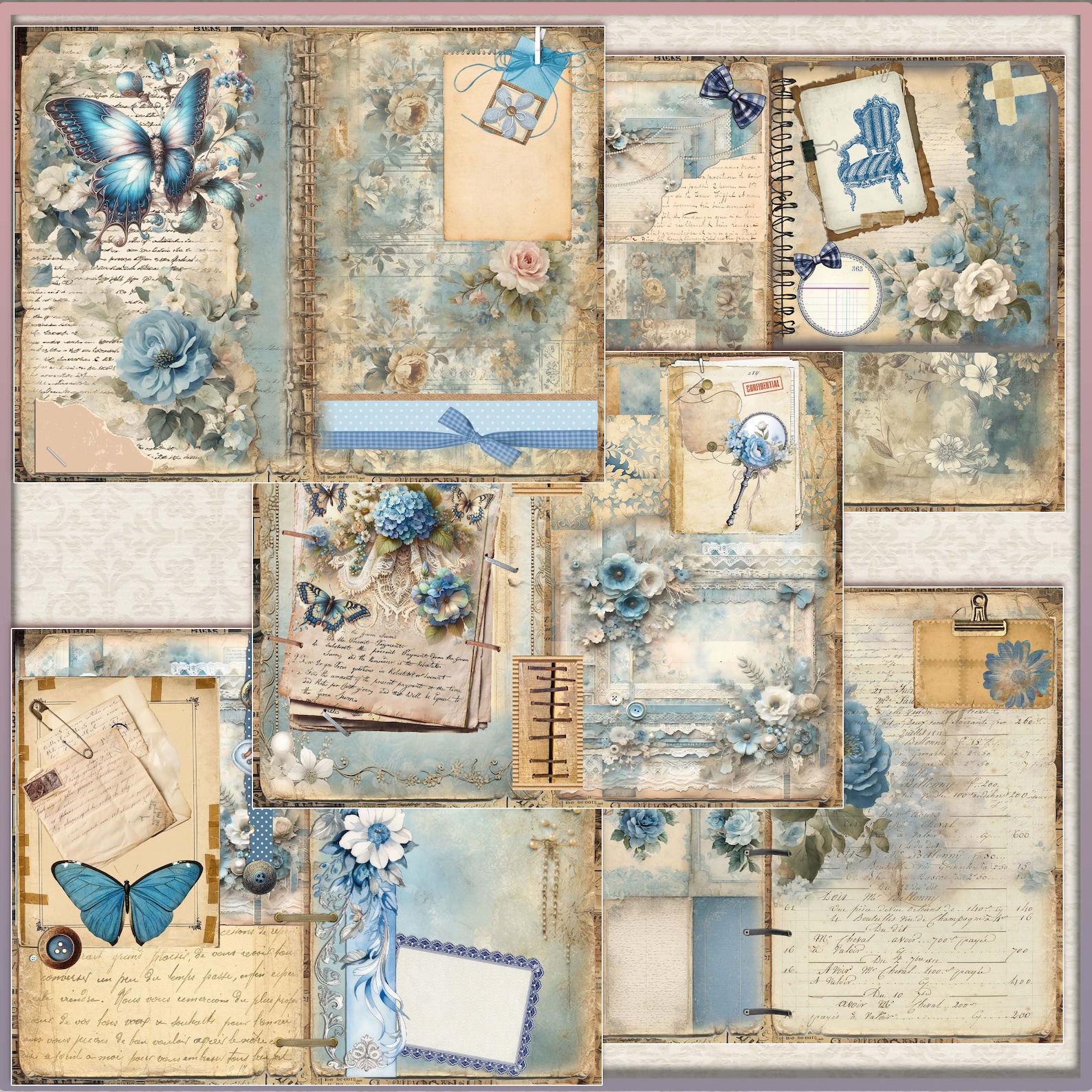 Blue Junk Journal Pages: Vintage Watercolor Scrapbook Paper (digital ...