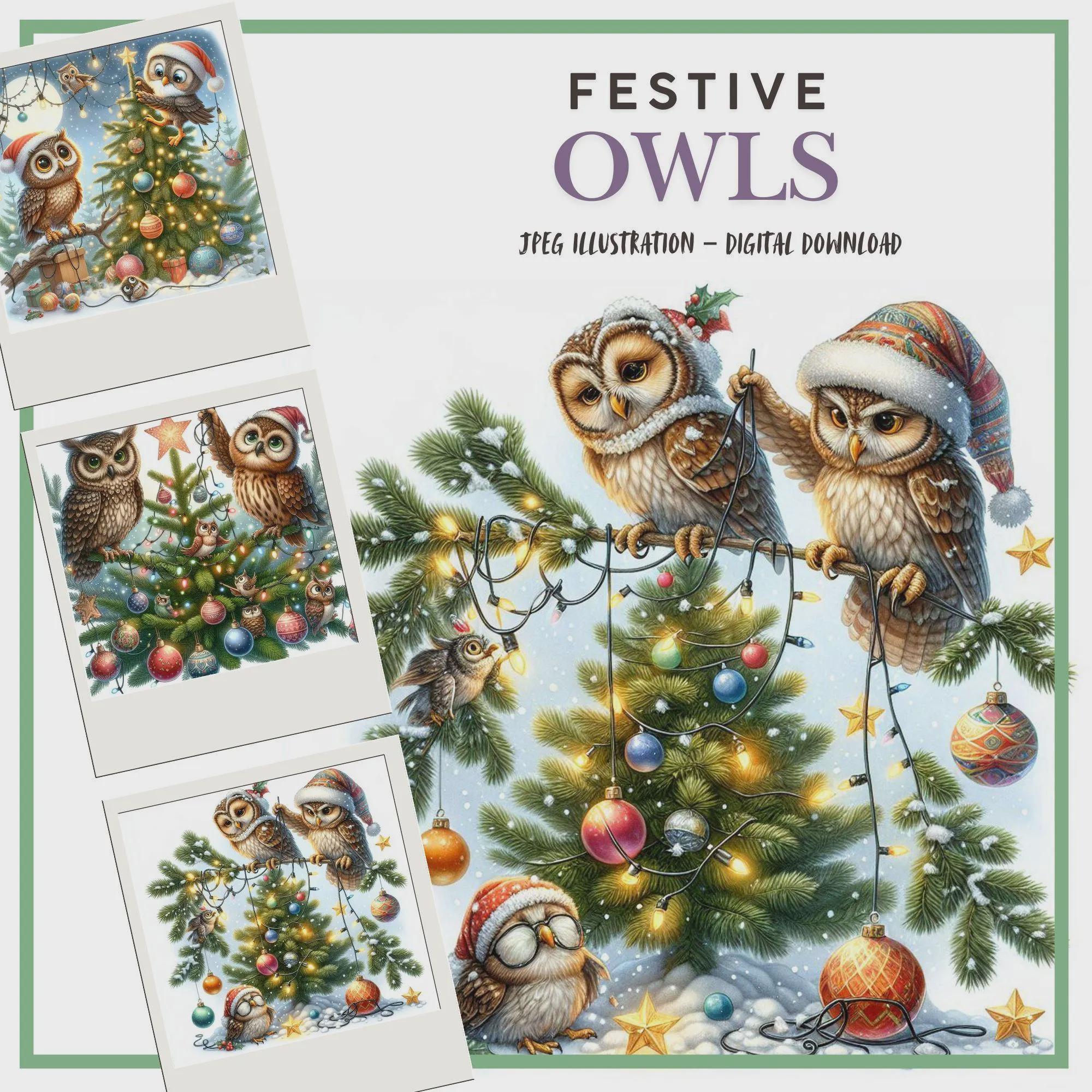 Digital Winter Clipart, Christmas Tree Owls, Illustrations for ...