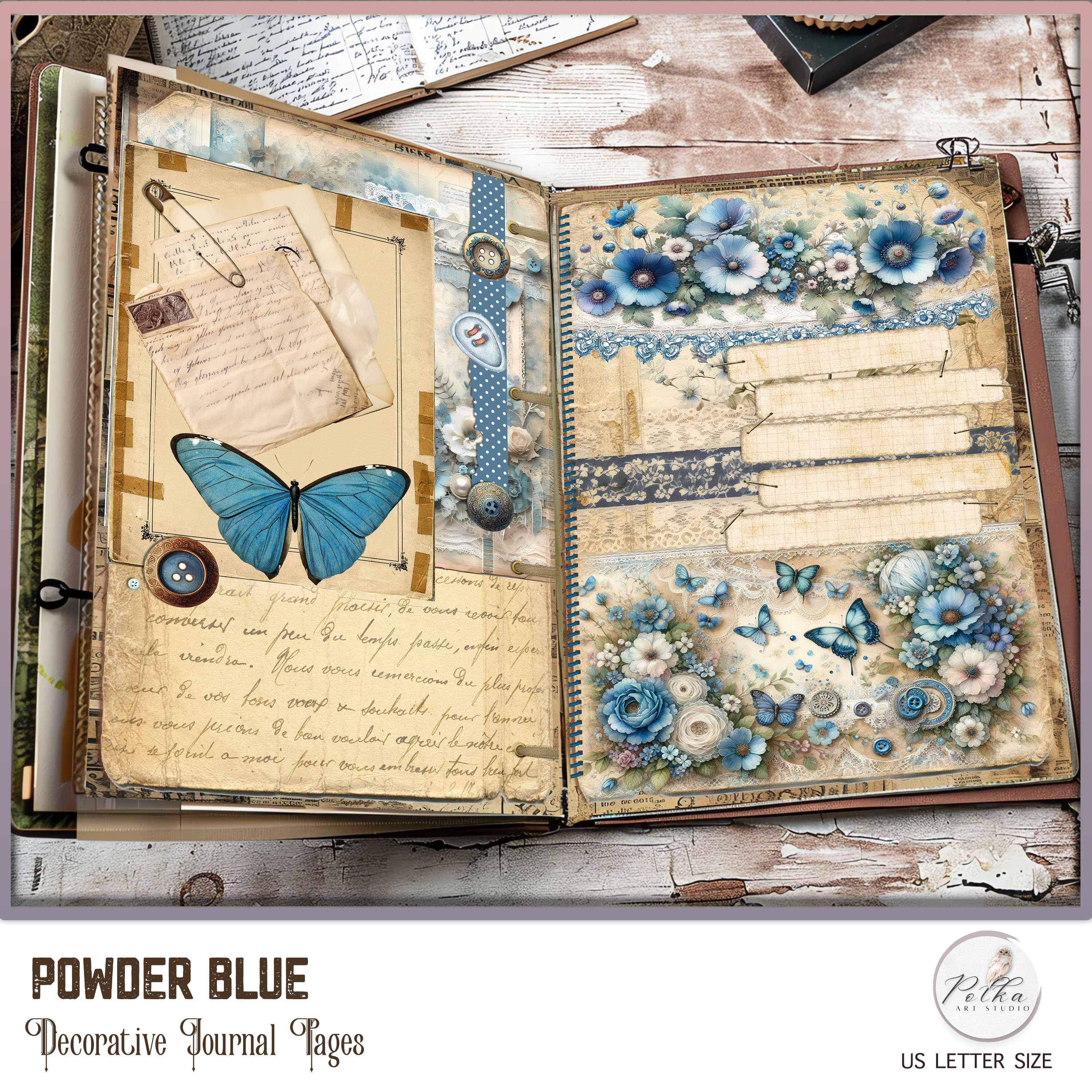 Blue Junk Journal Pages: Vintage Watercolor Scrapbook Paper (digital ...