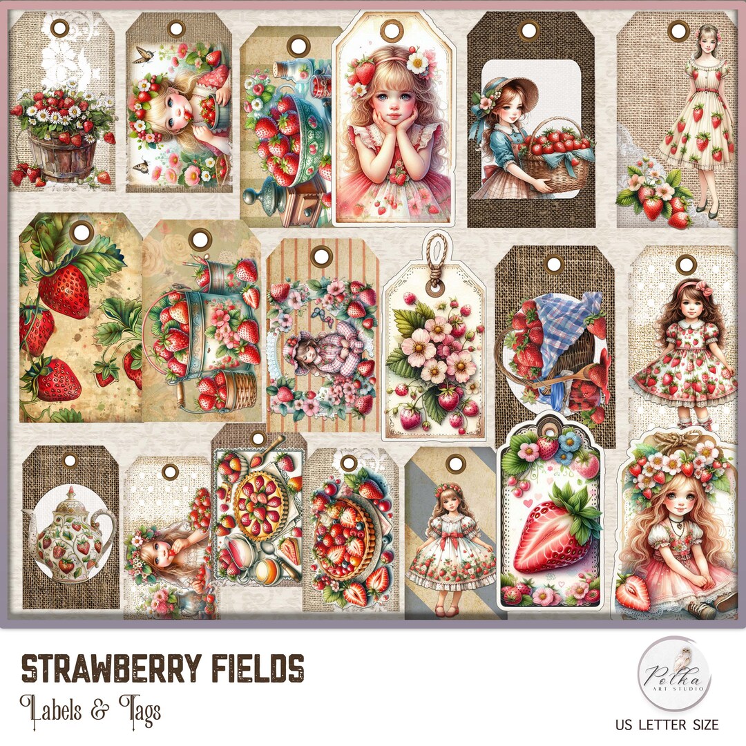 Digital Junk Journal Ephemera Kit, Tags and Labels, Strawberries ...