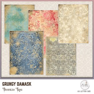 Digital Junk Journal Decorative Pages, Vintage Grungy Damask Paper ...