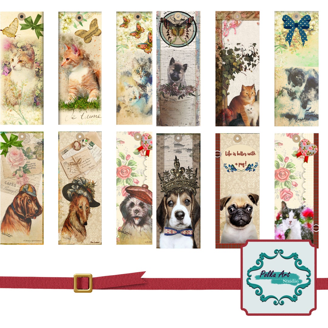 Digital Bookmarks Vintage Cats and Dogs, Printable Bookmarks, for ...