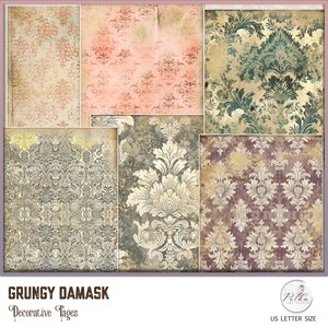 Digital Junk Journal Decorative Pages, Vintage Grungy Damask Paper ...