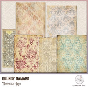 Digital Junk Journal Decorative Pages, Vintage Grungy Damask Paper ...