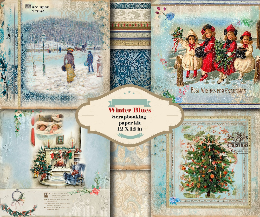 Winter Blues Christmas Printable: Shabby Chic Scrapbook Paper (digital ...