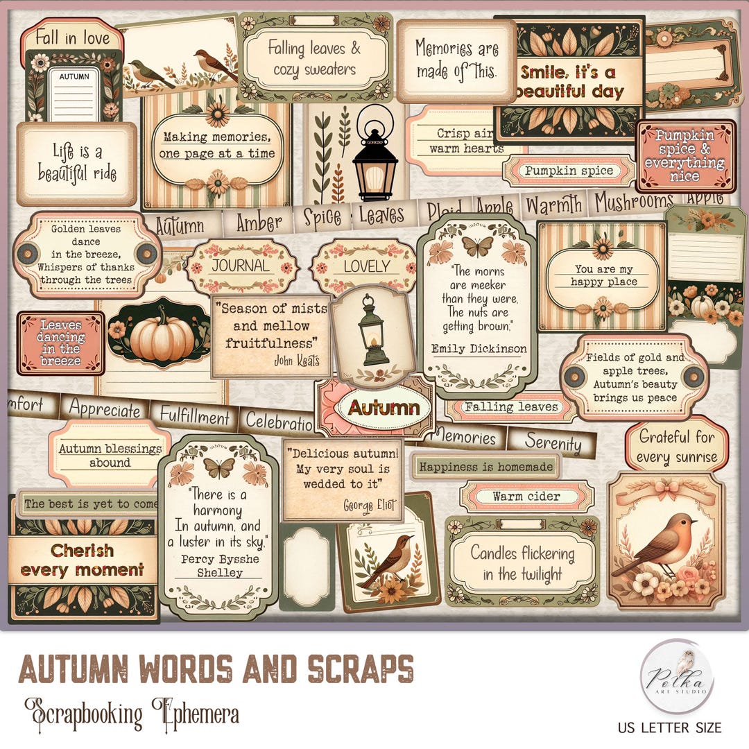 Autumn Scrapbooking Ephemera: Vintage Journal Words Kit (digital ...