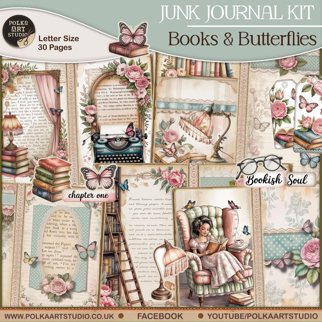 Books and Butterflies Junk Journal Kit: Vintage Ephemera, Printable ...