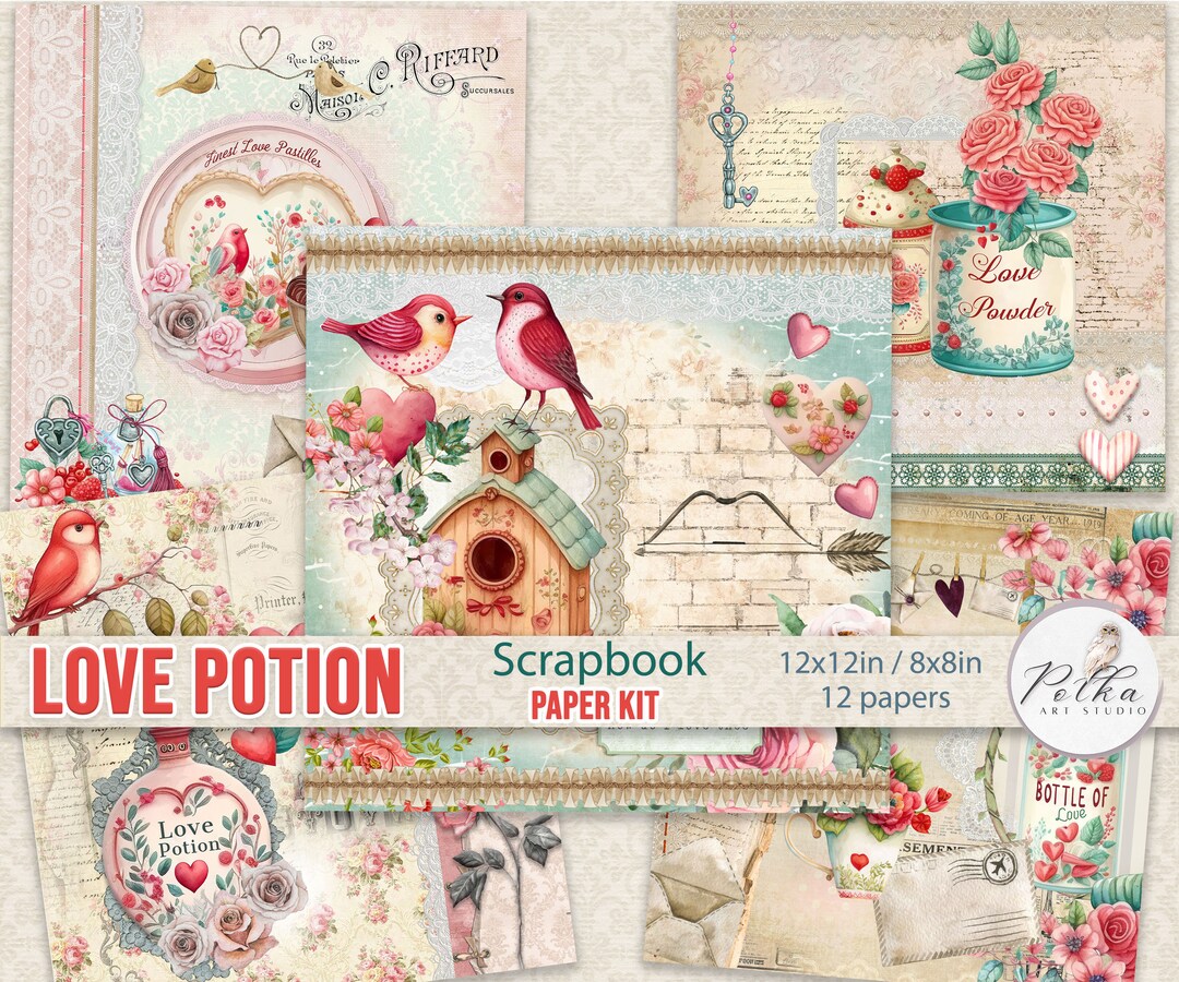 Vintage Shabby Chic Scrapbook Paper: Love Potion Collage Kit (digital ...