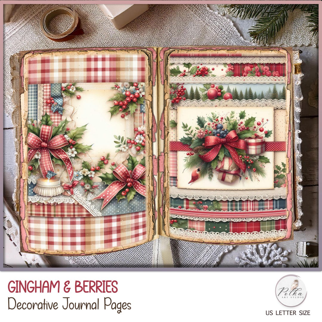 Christmas Junk Journal Decorative Gingham and Berries Red Winter Red ...