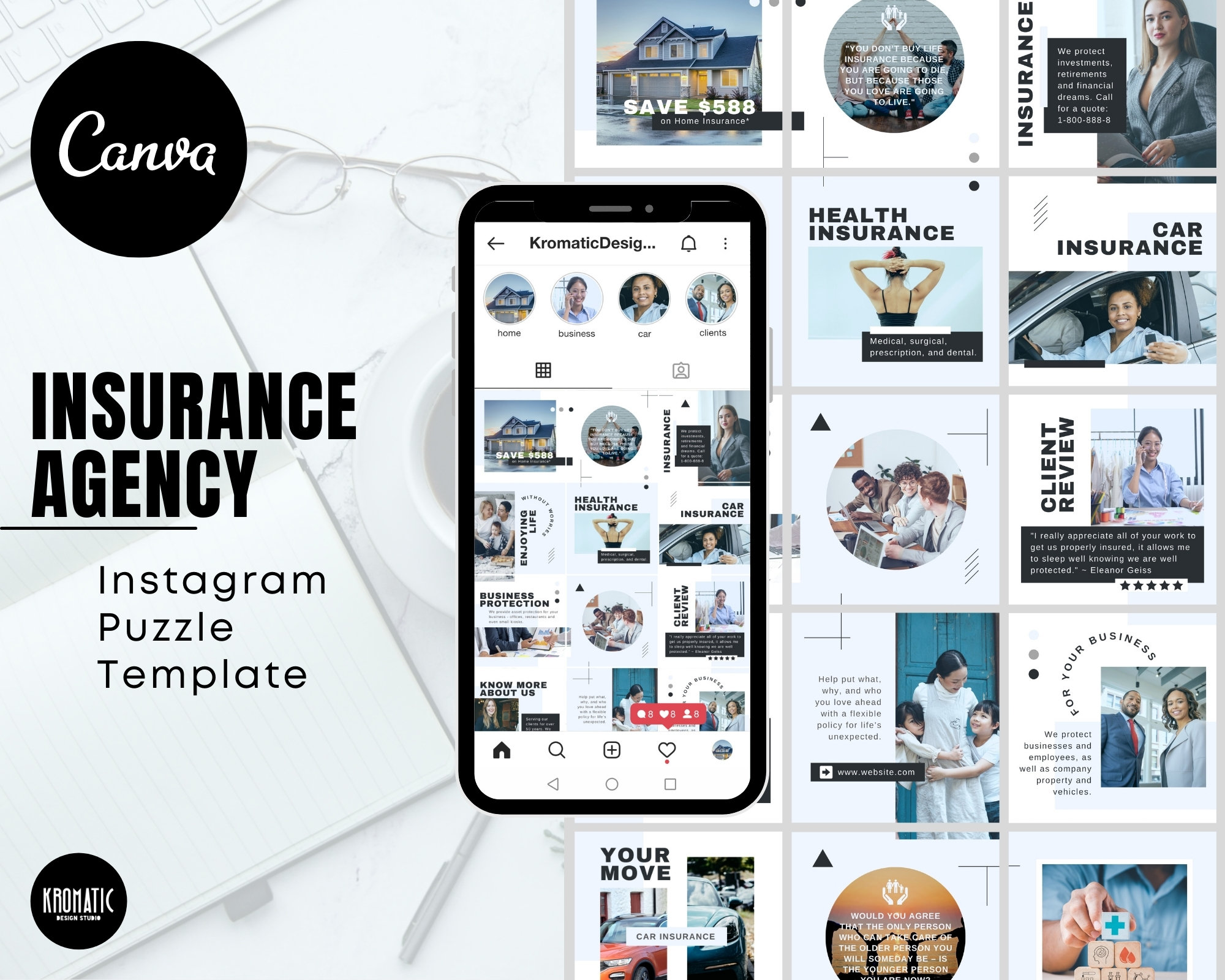 Insurance Agency Instagram Puzzle Template: Canva Social Media Theme - Etsy