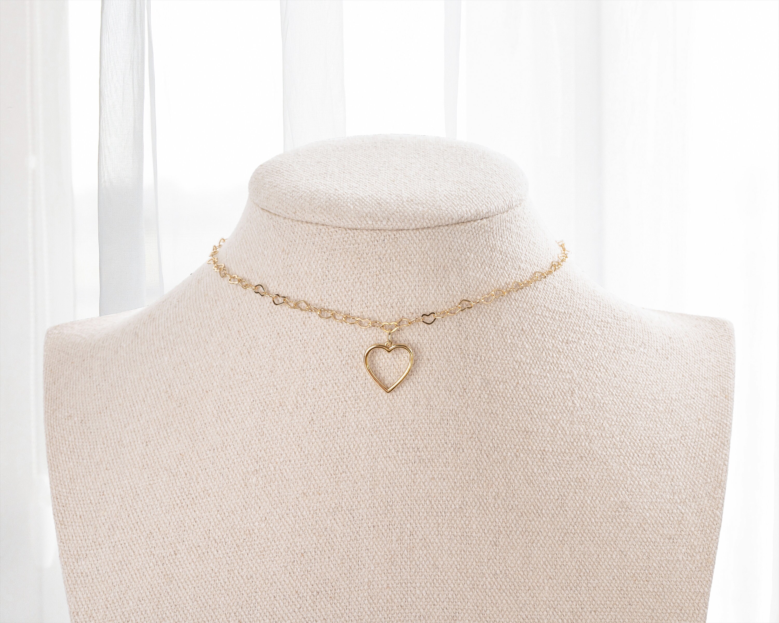 Gold Heart Choker Necklace, Open Heart Charm, Link Chain - Etsy