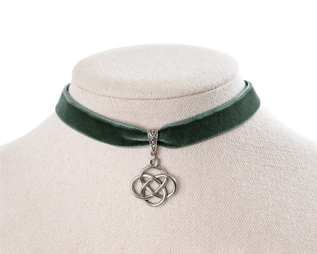 Green Velvet Choker Necklace, Antique Silver Celtic Knot Charm, Irish ...