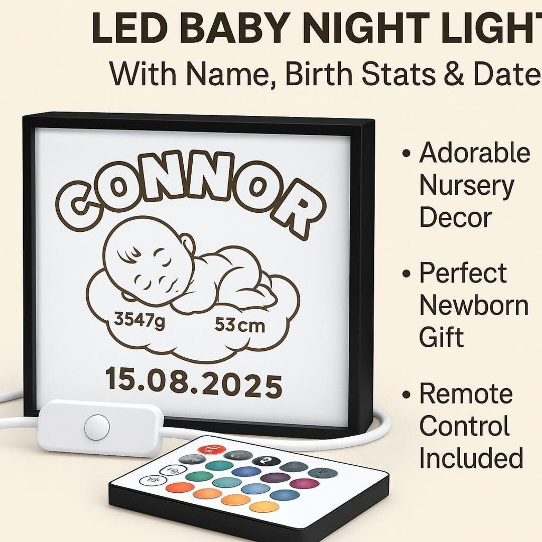 Custom LED Lightbox With Baby Name and Birth Details. Includes Remote ...