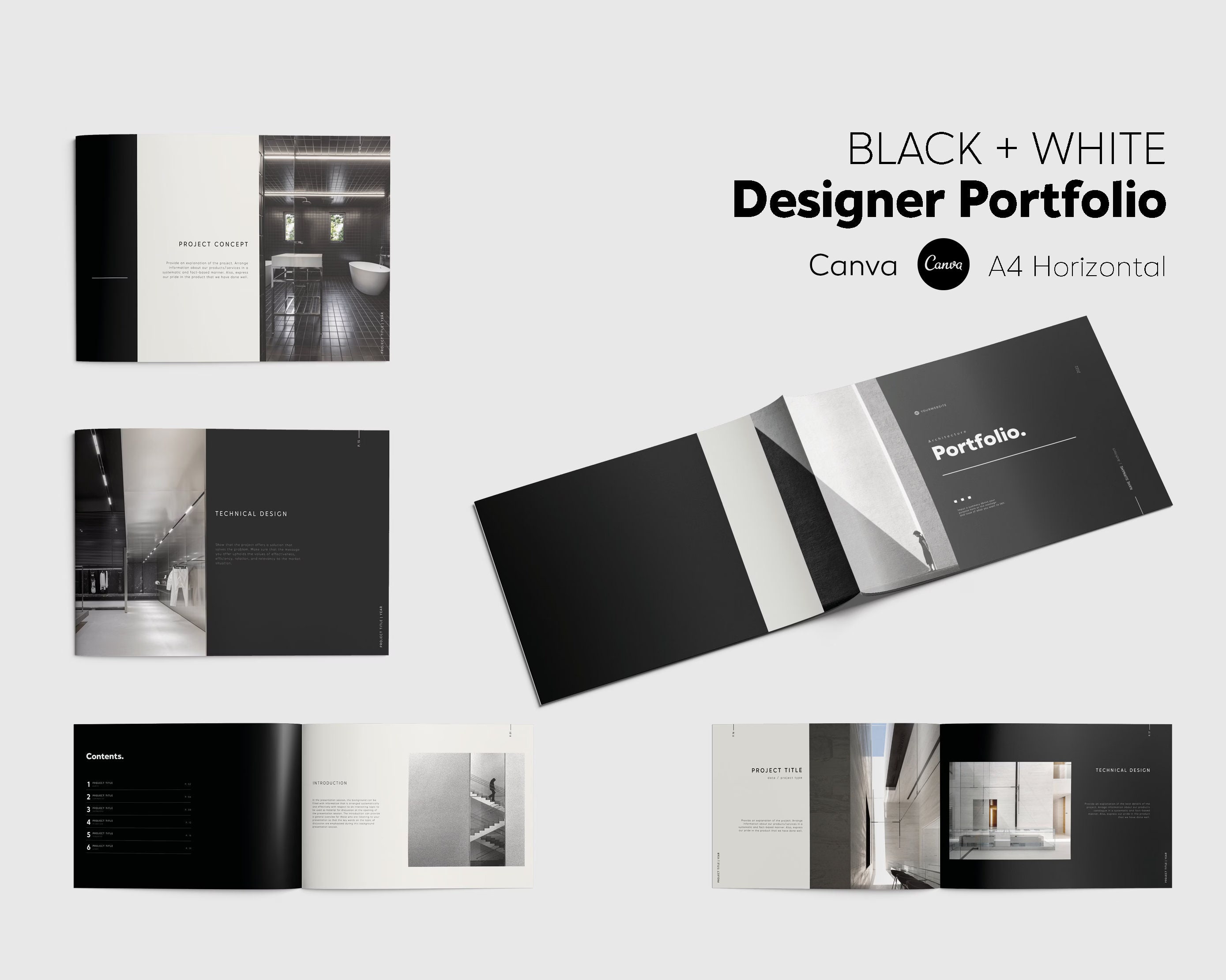 Black and White Portfolio Template | Canva Architecture Portfolio | Interior Design Black ...