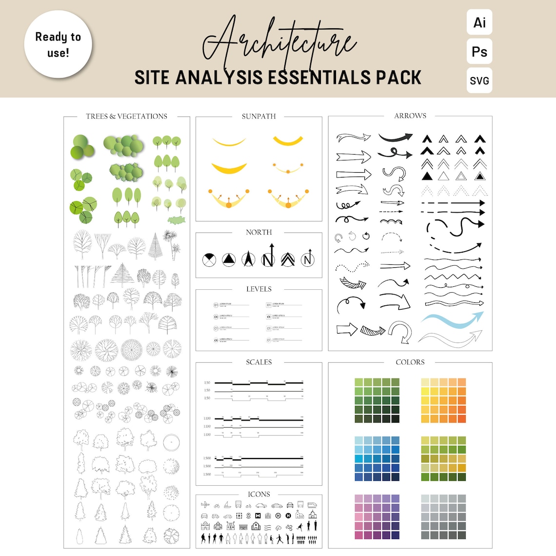 Architecture Site Analysis Essentials Pack 250 Objects, Icons & 150 Colors, People Vectors ...