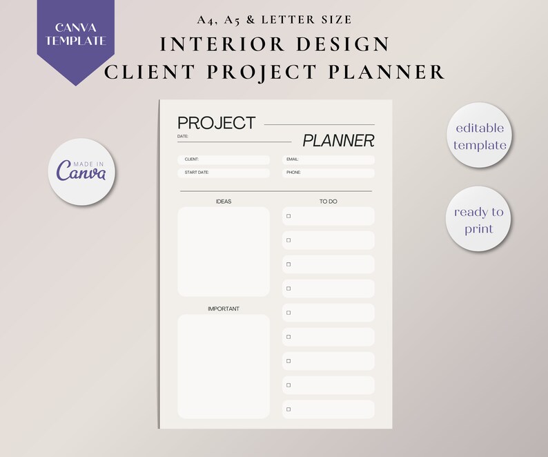 Interior Design Project Planner Printable Project Management Planner ...