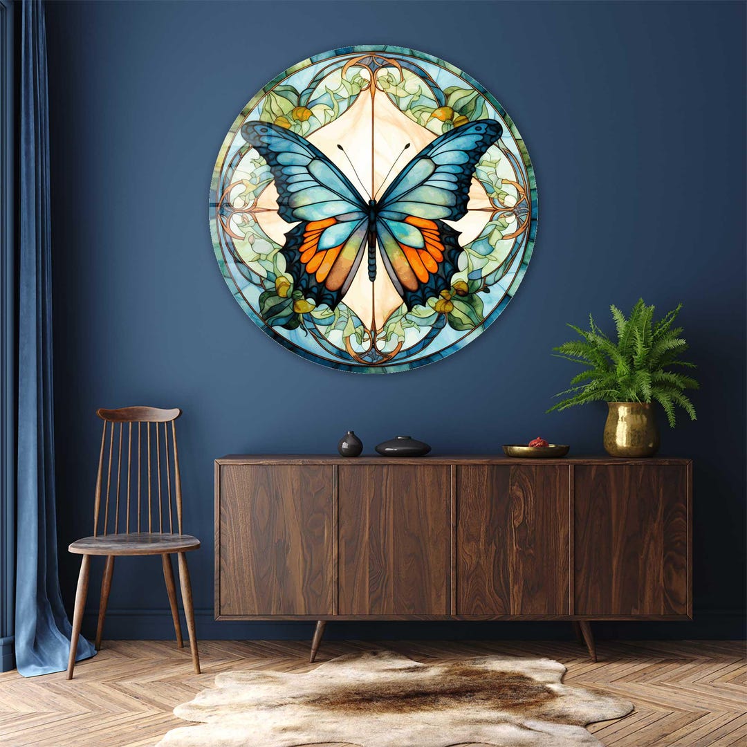 Blue Butterfly Round Shape Glass Wall Art - Large Tempered Glass Canvas ...