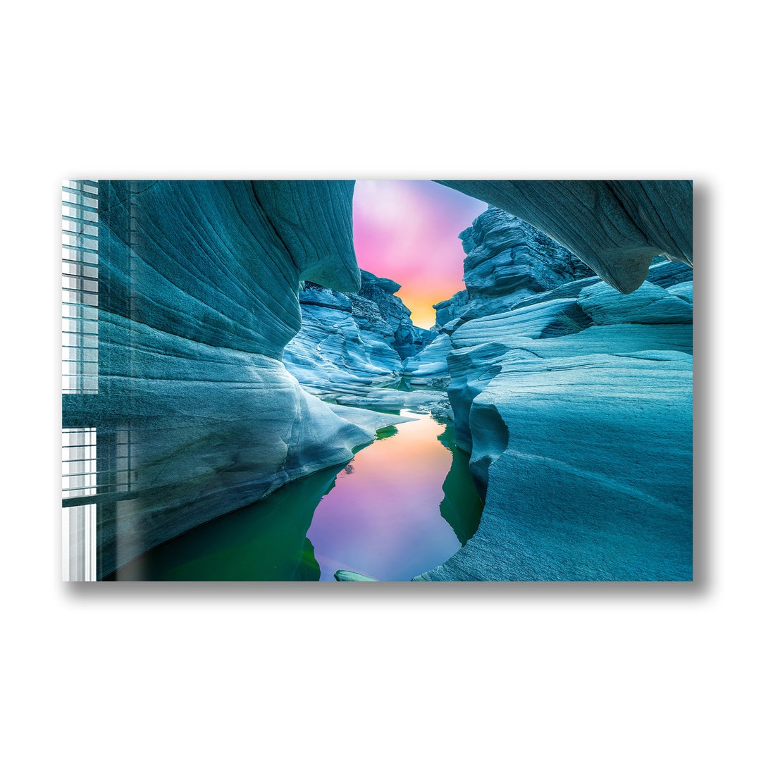 Ice Blue Stone Canyon With Colorful Sky – Tempered Glass Wall Art ...