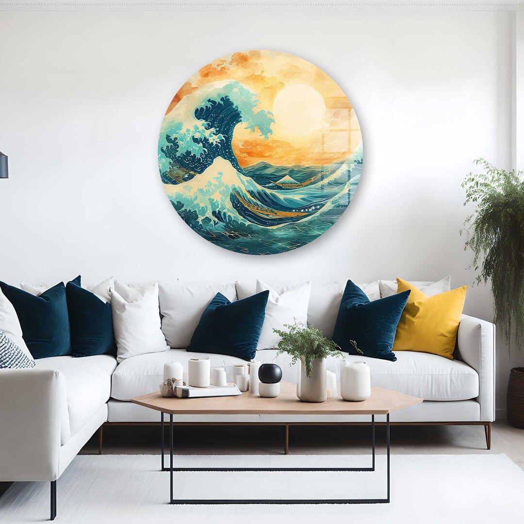 Kanagawa Wave Round Shape Glass Wall Art - Tempered Glass Canvas Art ...