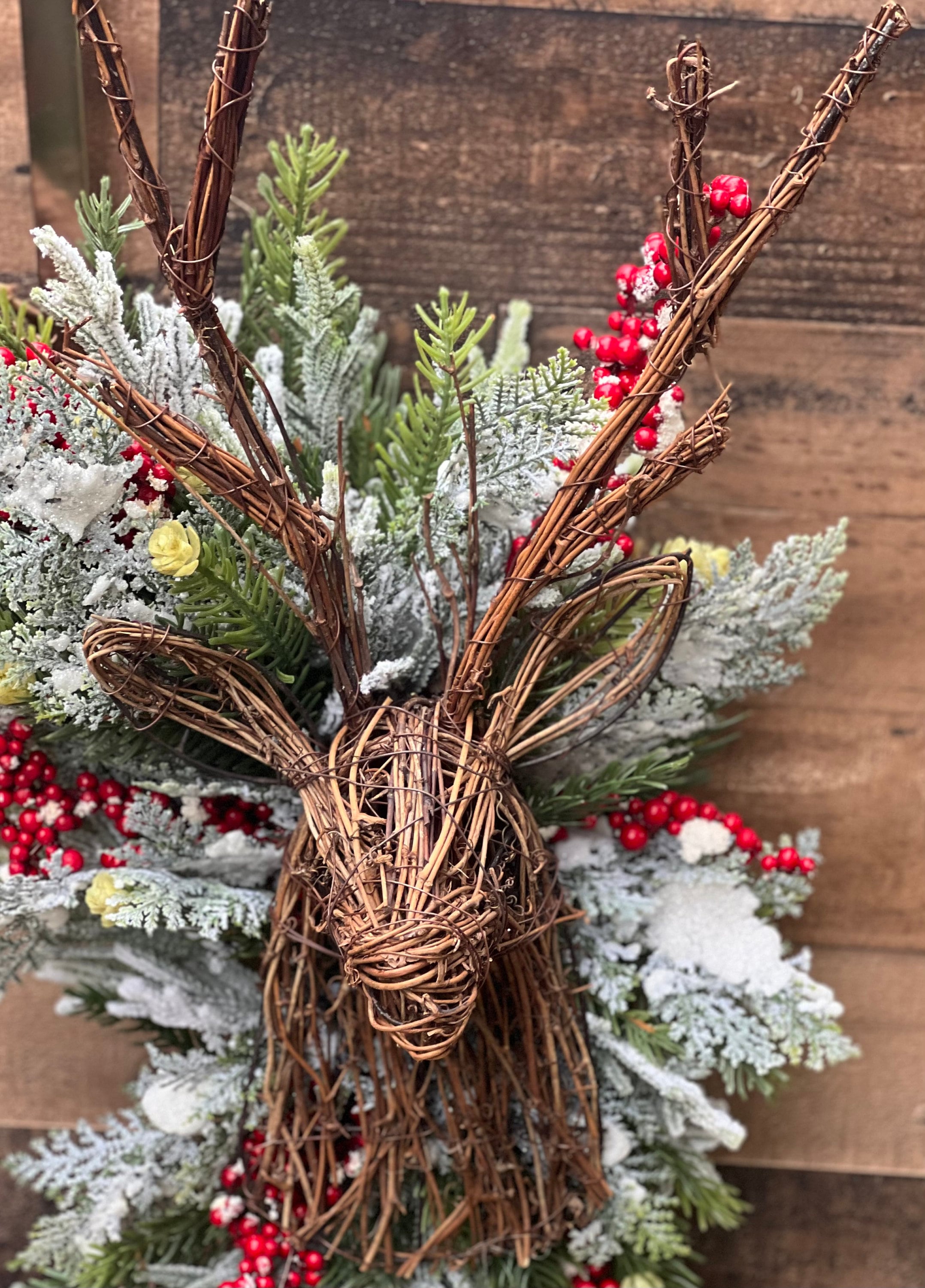 Holiday Wreath With Grapevine Deer Head With Snowy Pine and Frosted Red ...