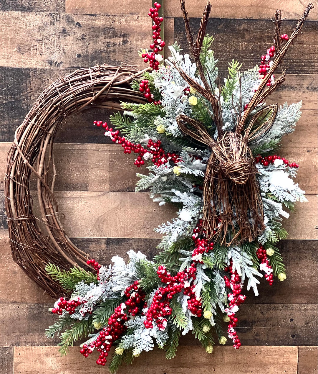 Holiday Wreath With Grapevine Deer Head With Snowy Pine and Frosted Red ...