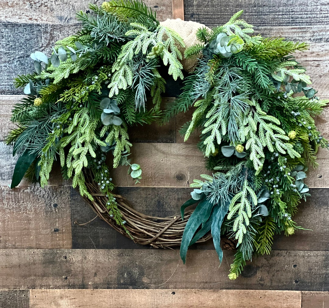 Winter Greenery Wreath: Faux Blue Spruce, Eucalyptus, Pine on Grapevine ...