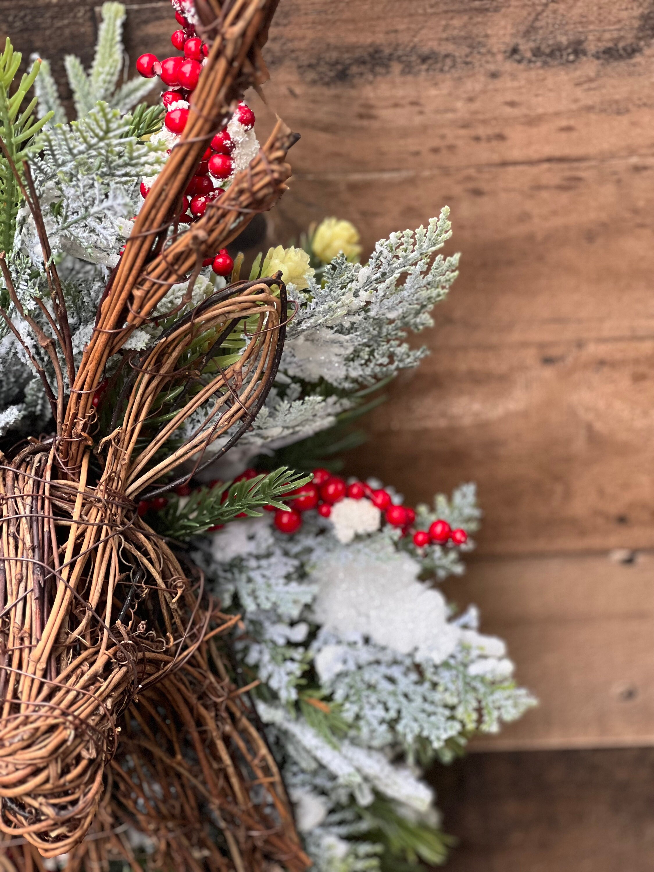 Holiday Wreath With Grapevine Deer Head With Snowy Pine and Frosted Red ...