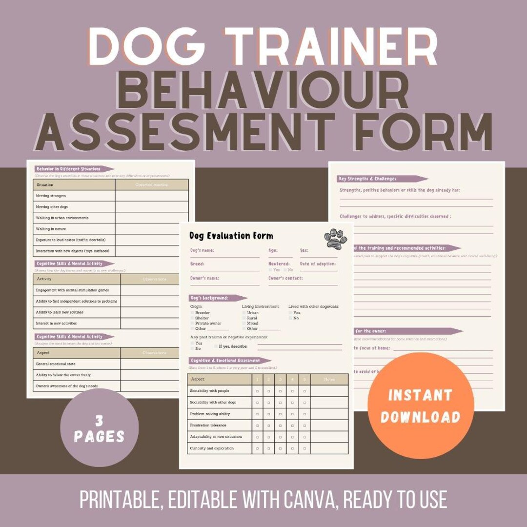 Behavior Assessment Dog Form Template Dog Trainer Client Customizable ...