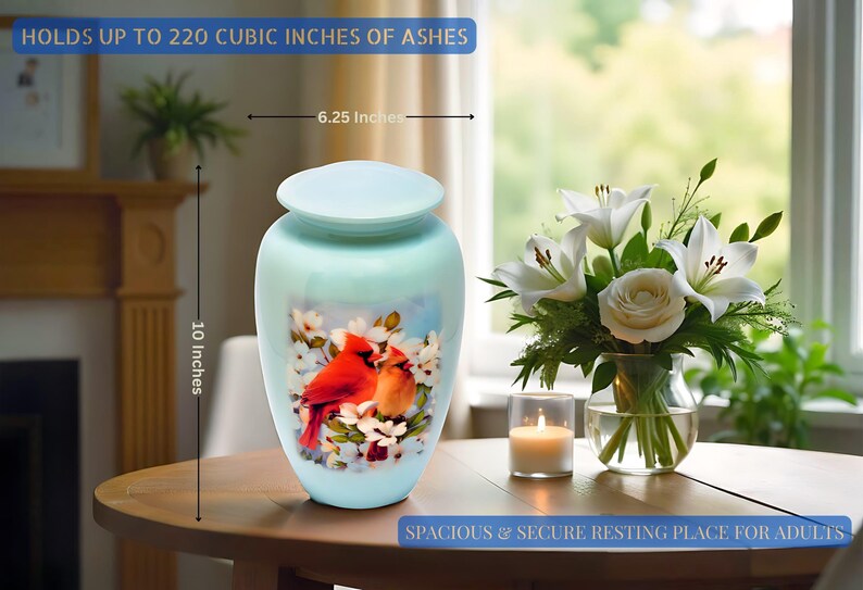 Serene Sky Blue Cremation Urn - Peaceful Resting Place With Cardinal ...