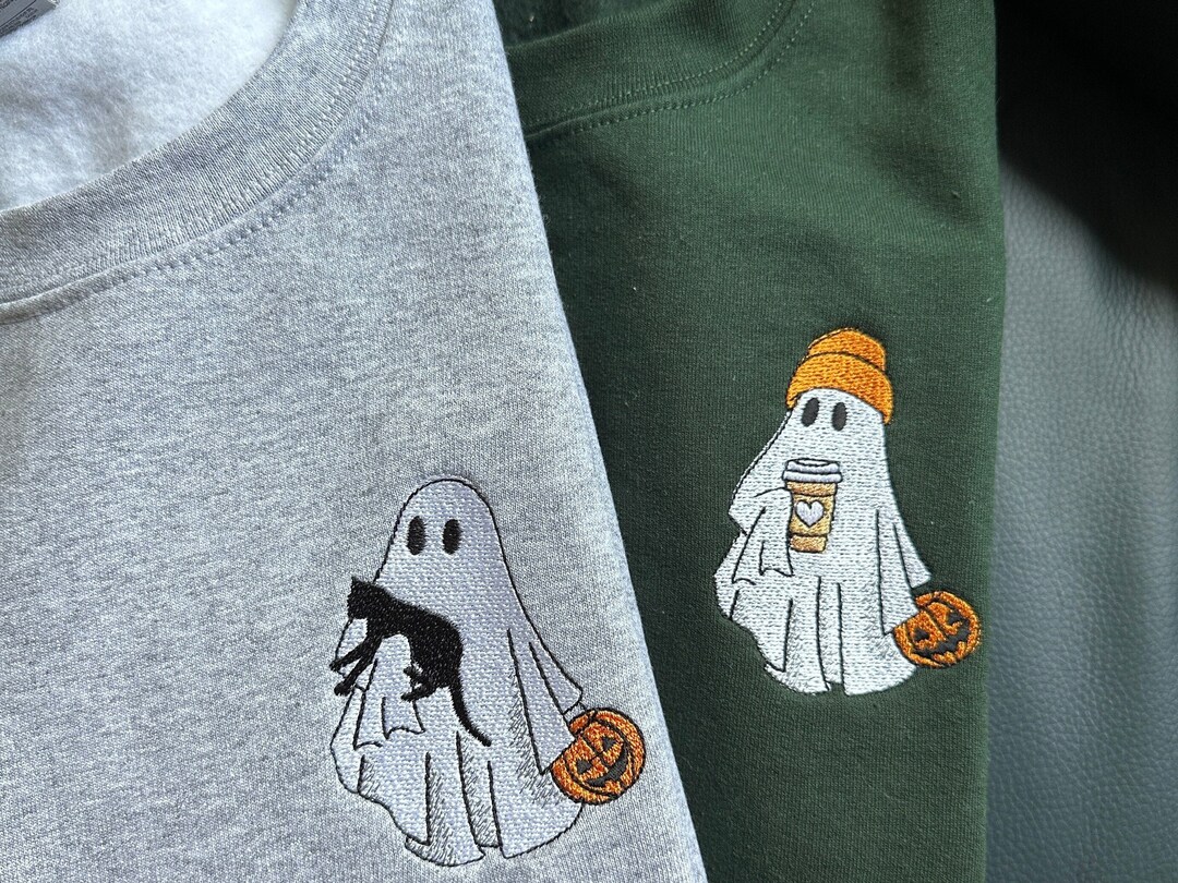 Embroidered Ghost Fleece With Cats / Coffee Cup / Spooky Season ...