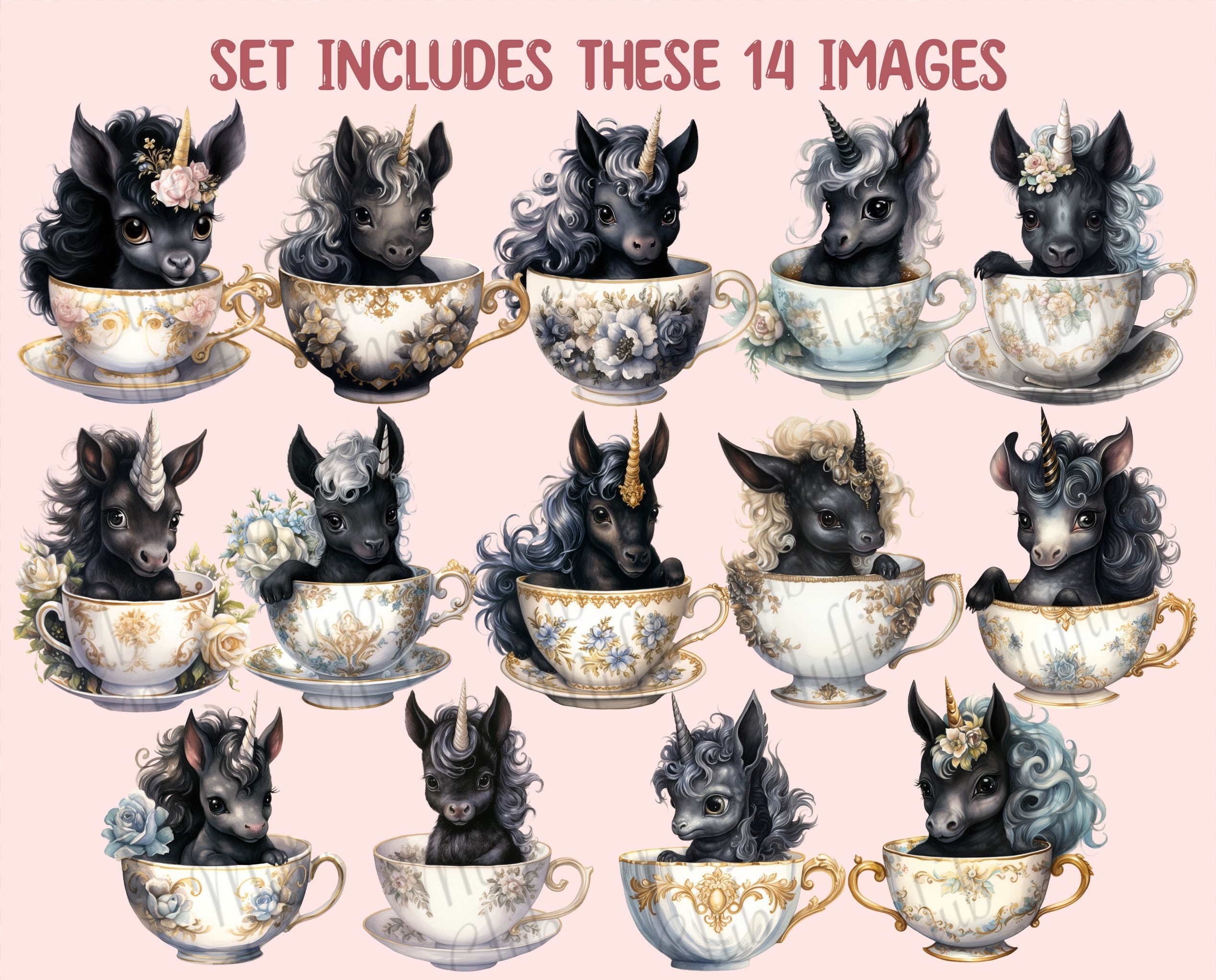 Watercolour Black Unicorn Clipart Fairytale Horses PNG - Etsy