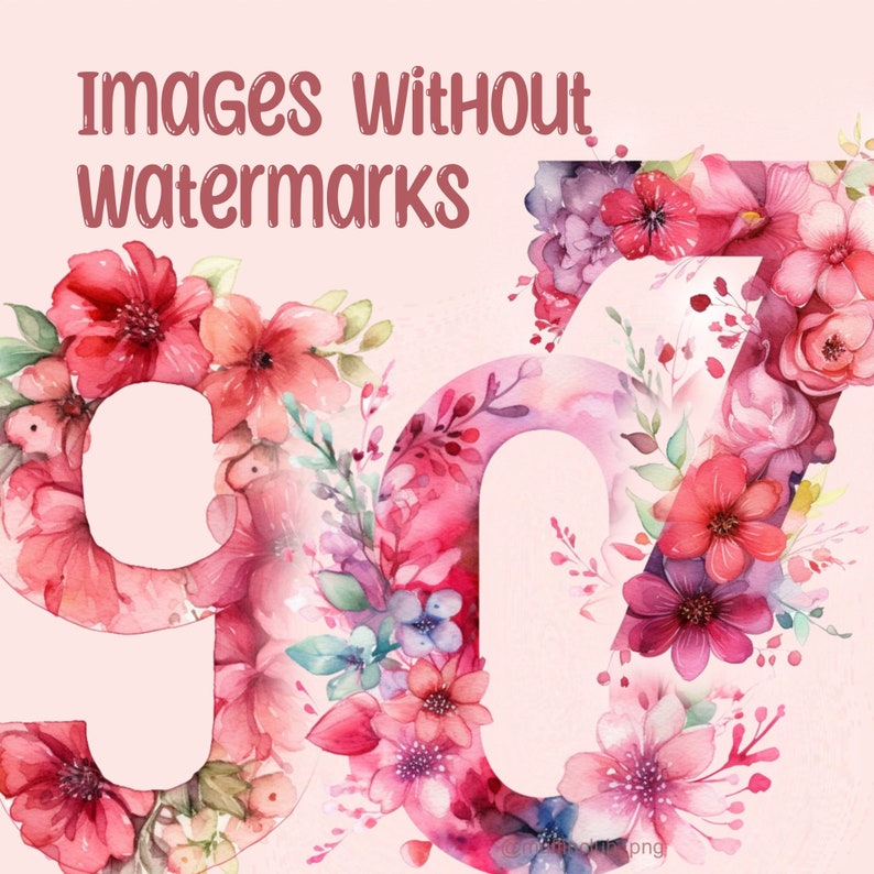 Watercolour Numbers With Flowers Clipart, Valentines PNG Digital Image ...