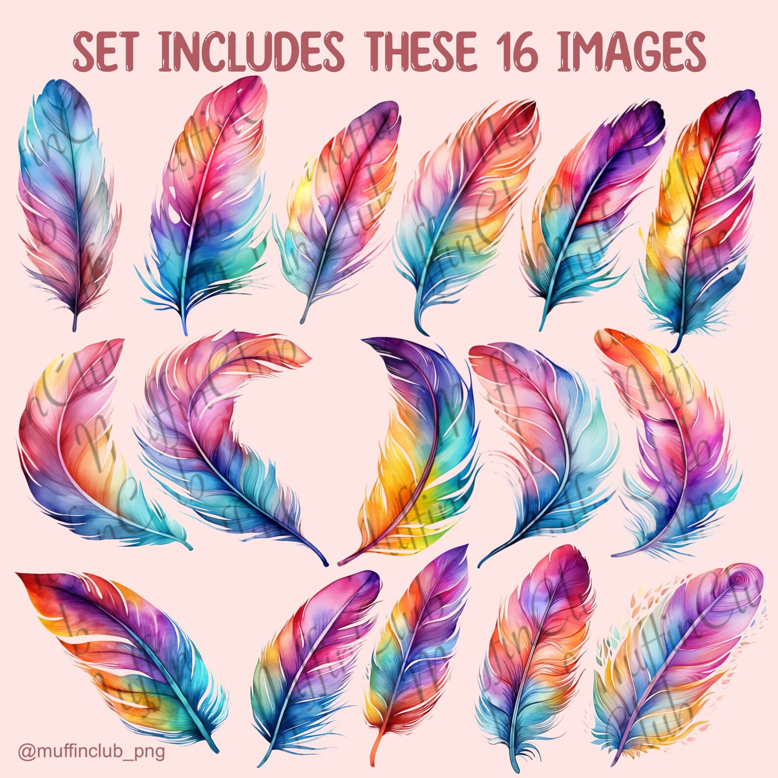 Watercolor Feather Clipart Rainbow Set Digital Scrapbooking Commercial ...