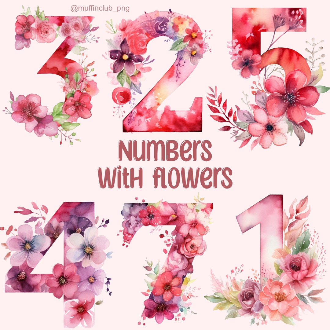 Watercolour Numbers With Flowers Clipart, Valentines PNG Digital Image ...