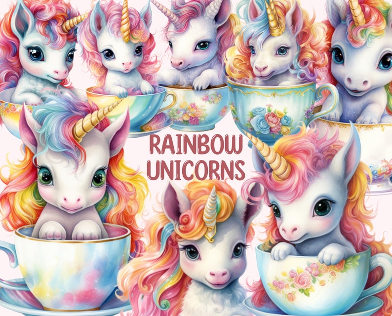 Watercolour Rainbow Unicorn Clipart, Fairytale Unicorns PNG Digital ...