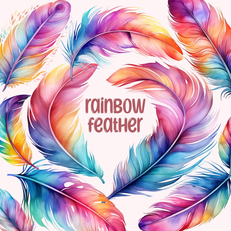 Watercolor Feather Clipart Rainbow Set Digital Scrapbooking Commercial ...